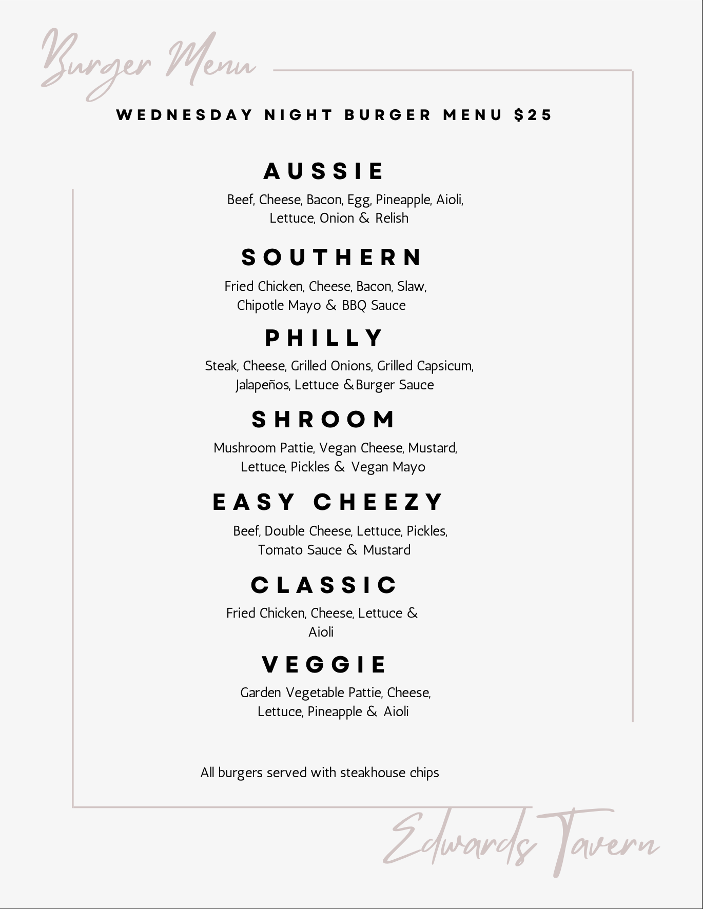 Wednesday Burger Night Menu